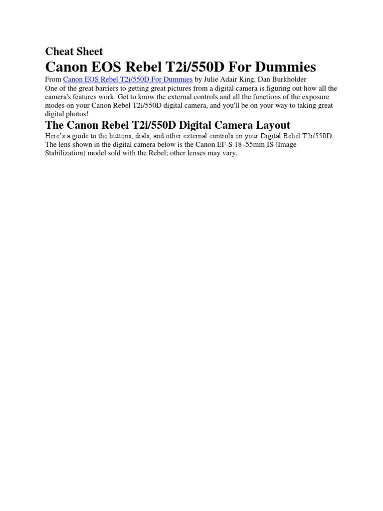 Canon EOS Rebel T2i/550D For Dummies: Cheat Sheet | PDF | Digital ...