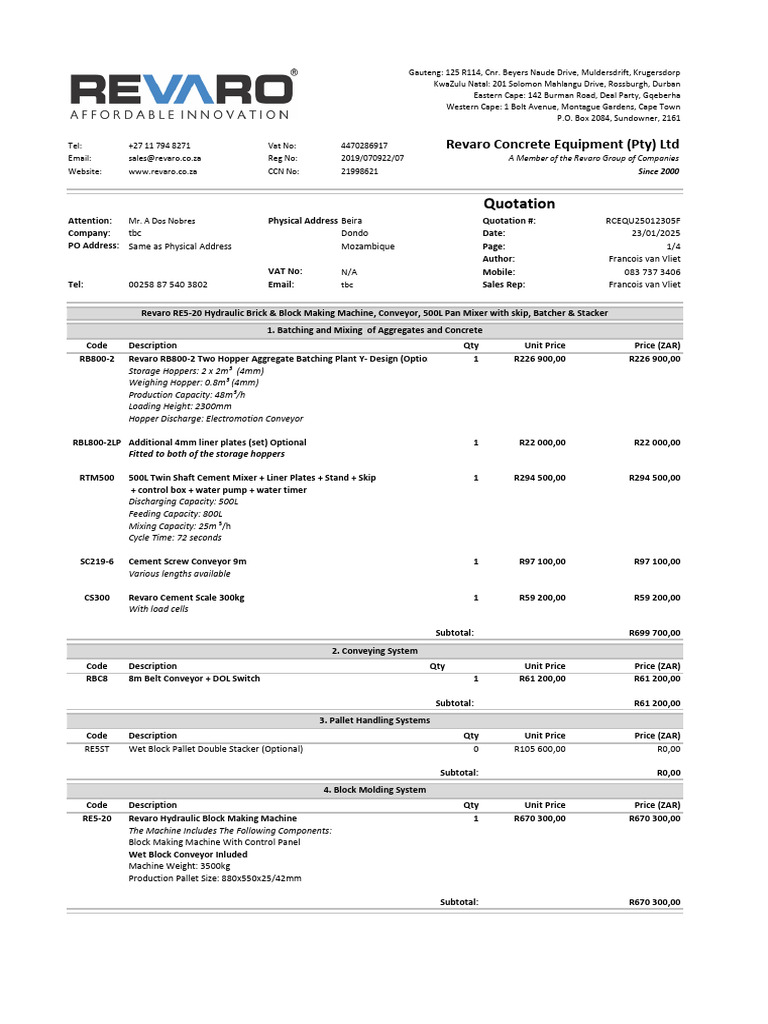 Revaro Concrete Equipment Quotation | PDF | Payments | Contractual Term
