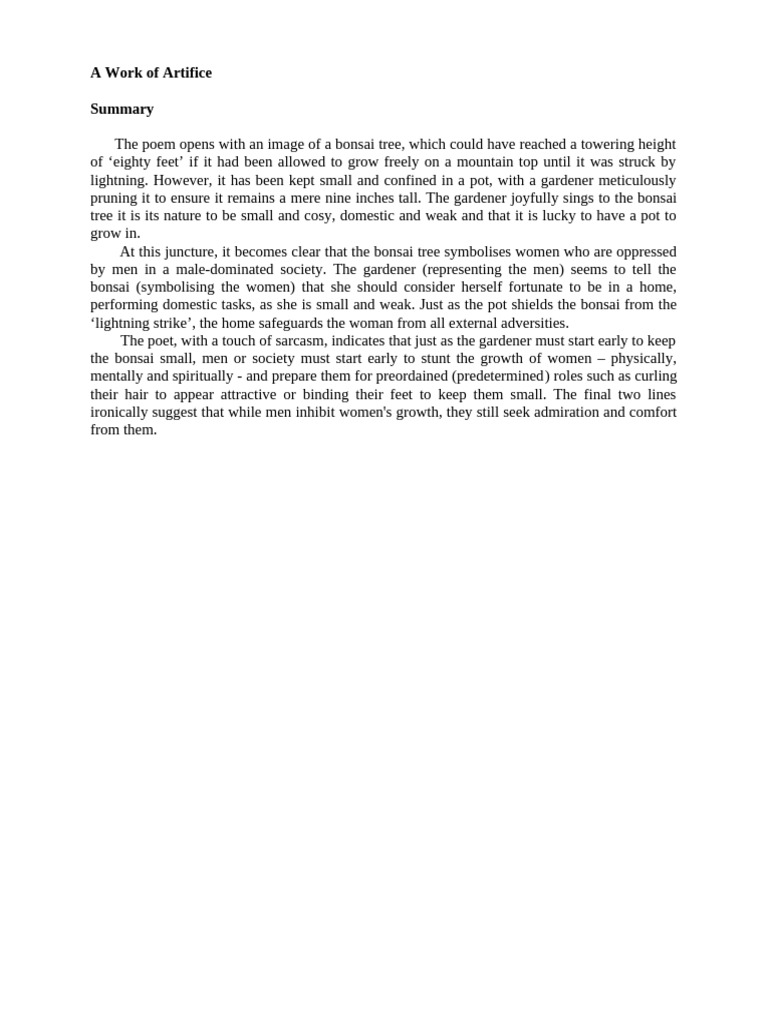 "A Work of Artifice: Poem Summary" | PDF