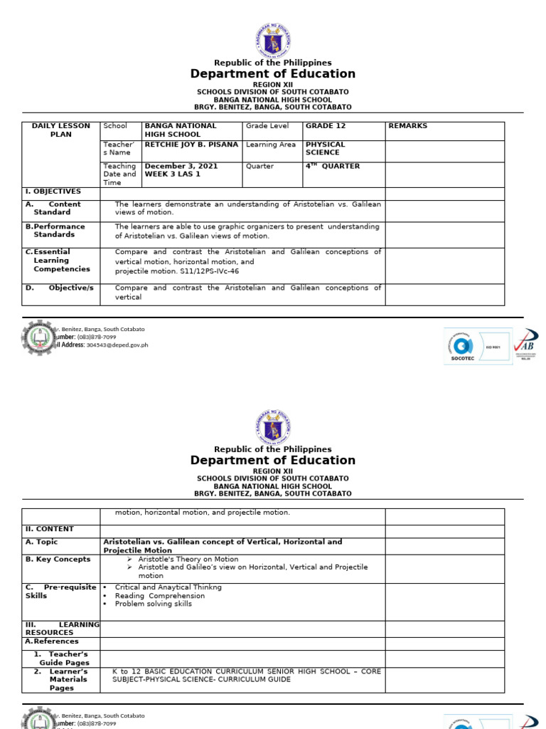 Lesson Plan in Physical Science | PDF | Force | Aristotle