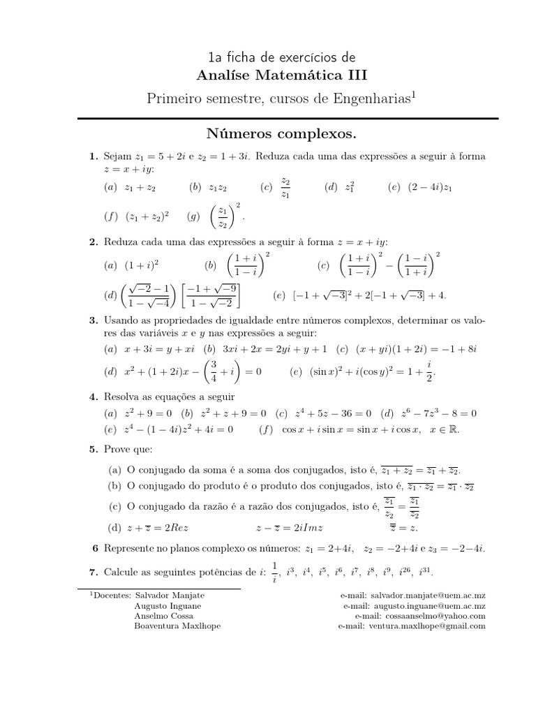 8a Lista de Exercicios de AMIII2025 | PDF | Número complexo | Objetos matemáticos