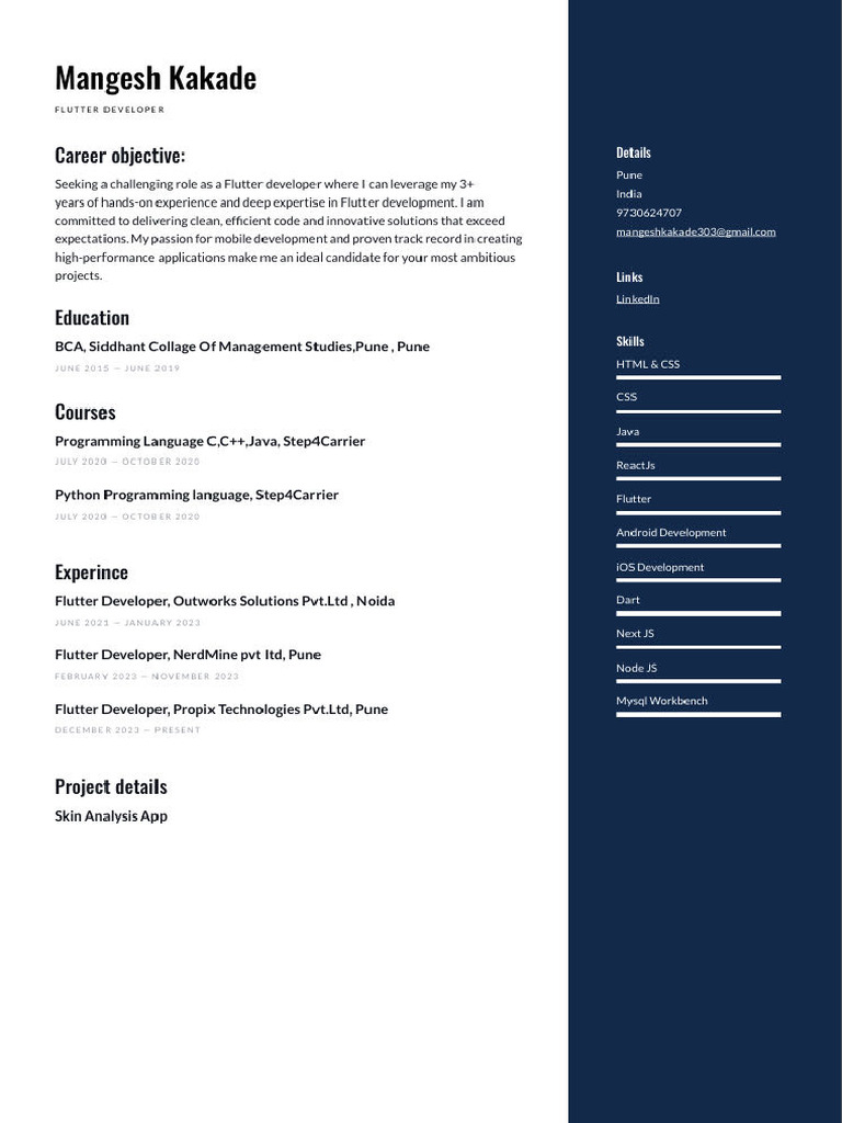 Flutter Developer Mangesh Kakade | PDF