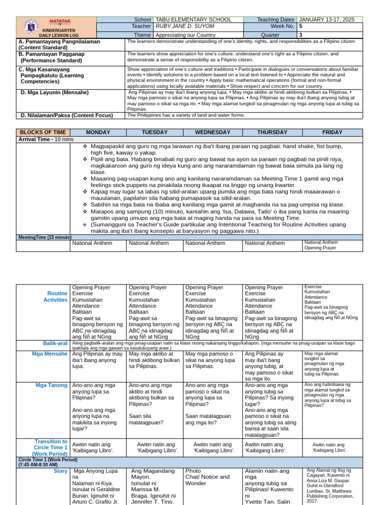 Kindergarten-DLL-Matatag-Q3 Week 5 | PDF
