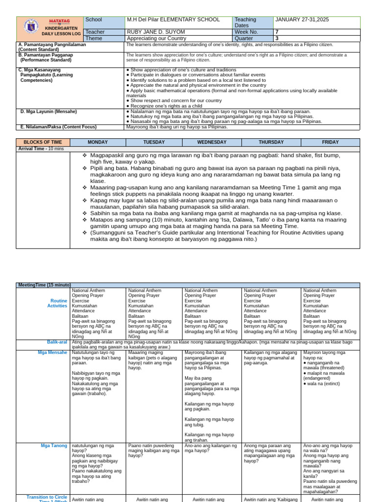 Kindergarten-DLL-Matatag-Q3 Week 7 | PDF