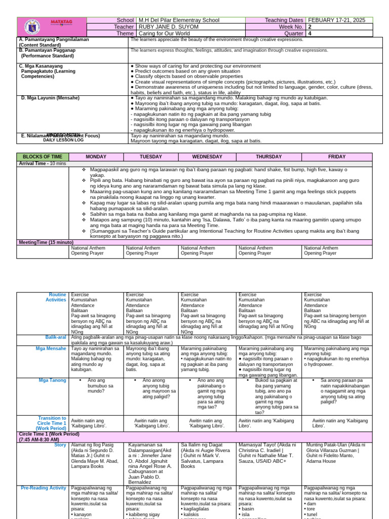 Kindergarten-DLL-Matatag-Q4 Week 2 | PDF