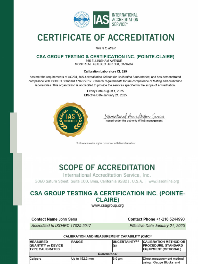 CSA Group Calibration Laboratory Accreditation | PDF | Calibration | Hertz