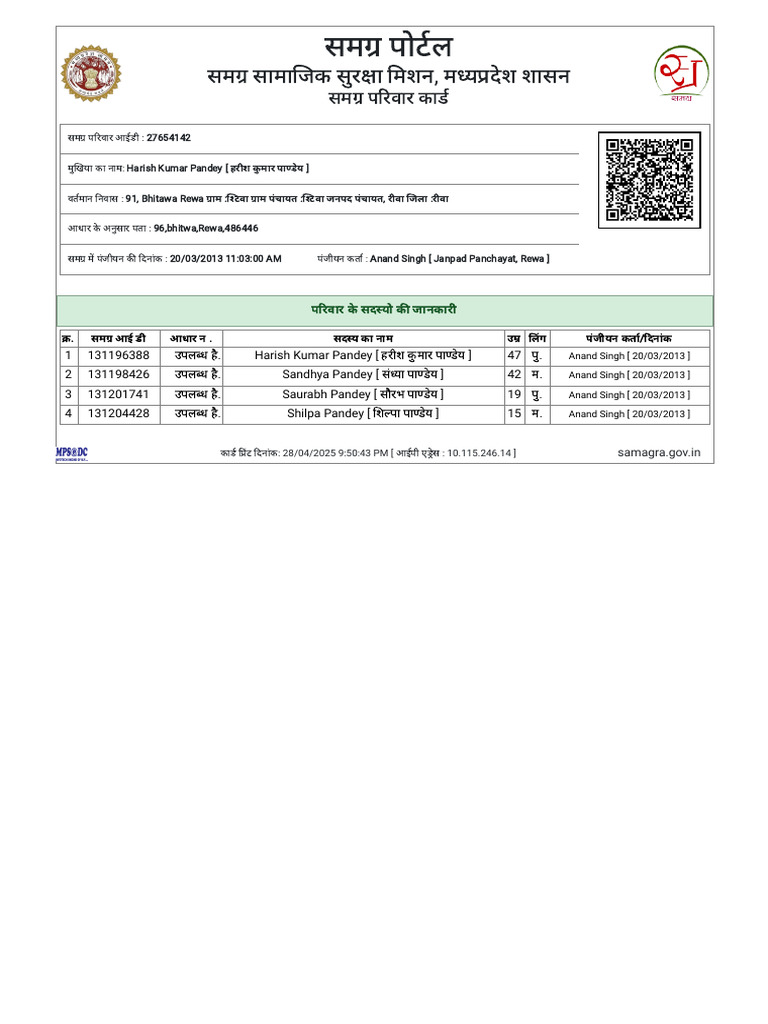 Samagra Family Card 28-04-2025 | PDF
