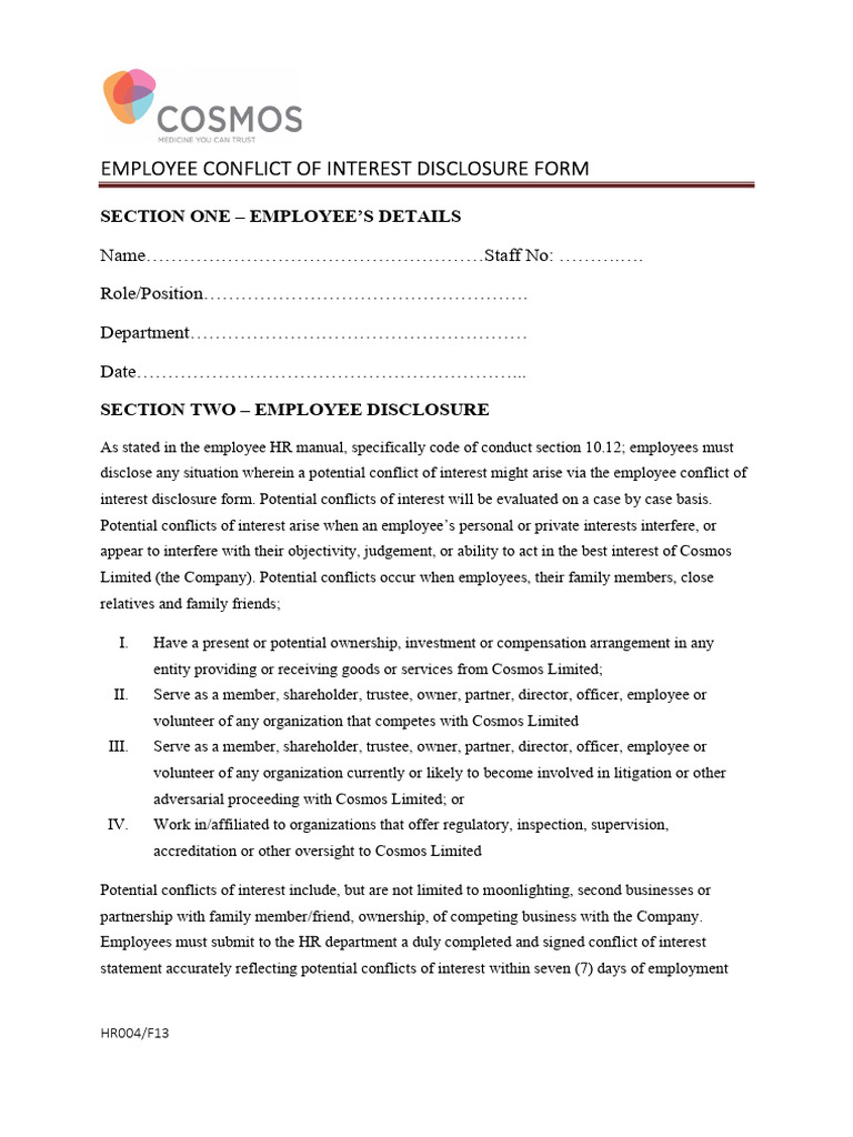 Employee Conflict of Interest Disclosure Form 2025 Updated | PDF ...
