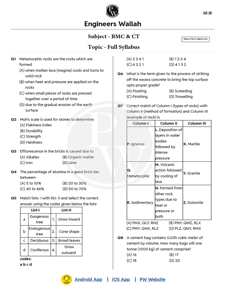 Engineers Wallah: Subject - BMC & CT Topic - Full Syllabus | PDF | Rock (Geology) | Concrete