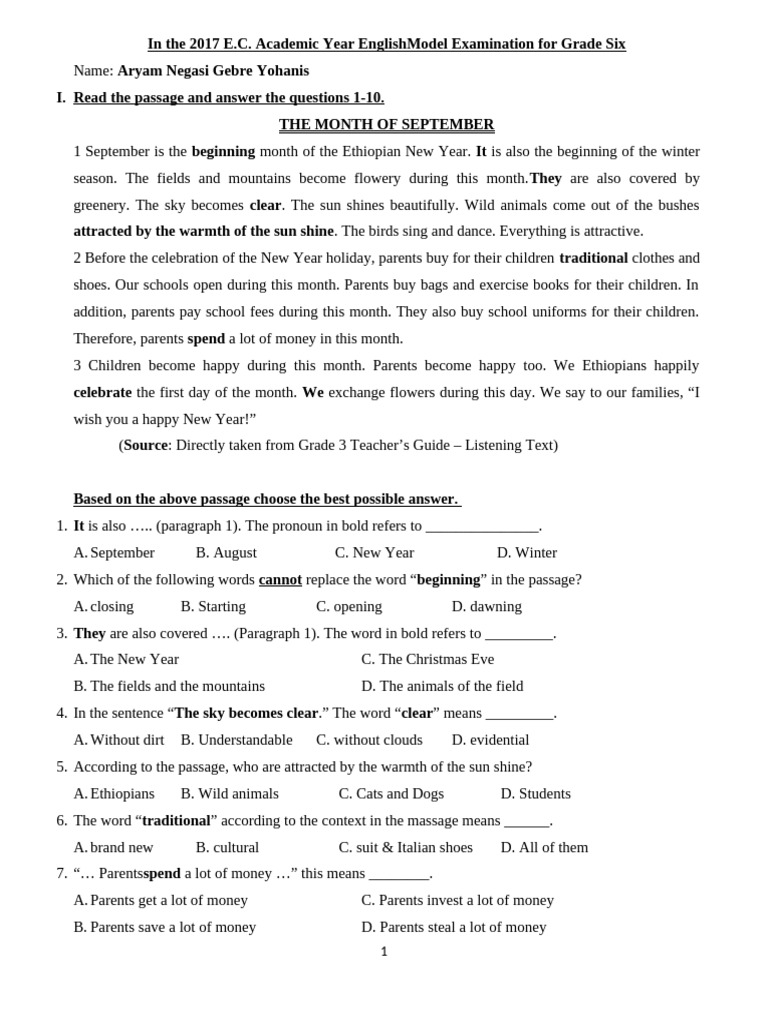 Grade 6 Model Questions | PDF | Linguistics | Grammar