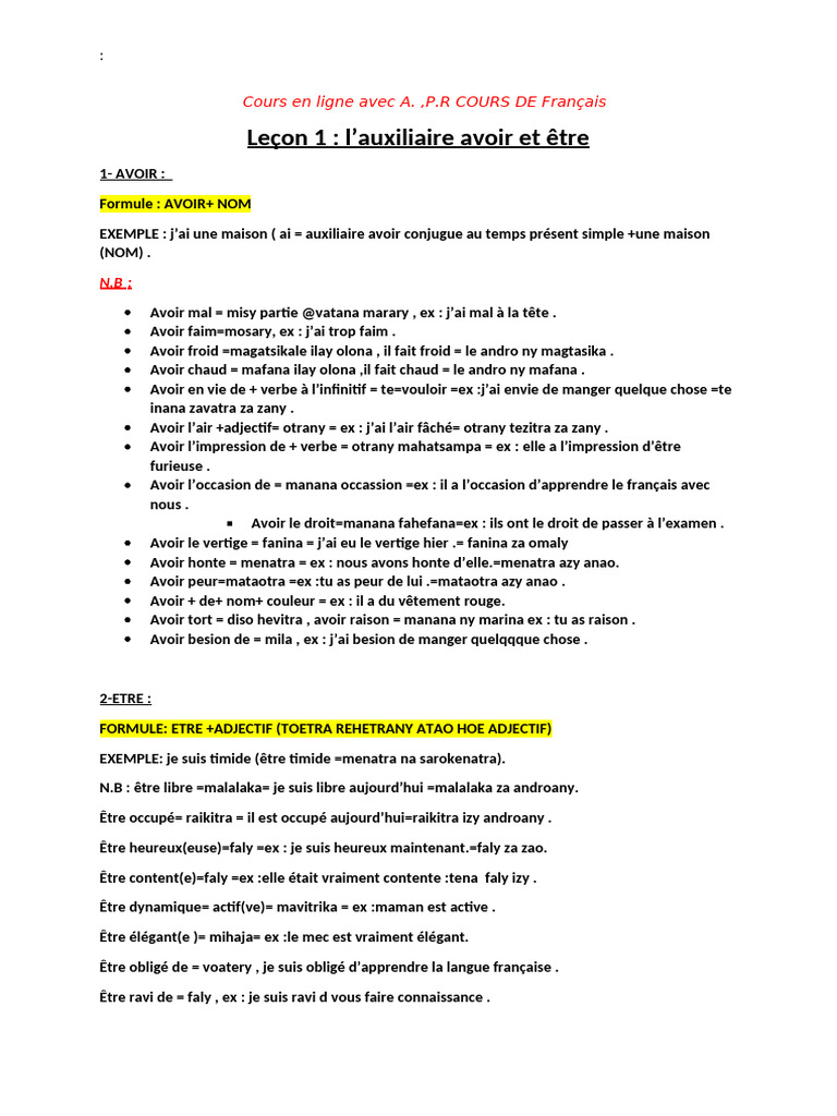 Expressions avec Avoir et Être | PDF | Genre grammatical | Verbe