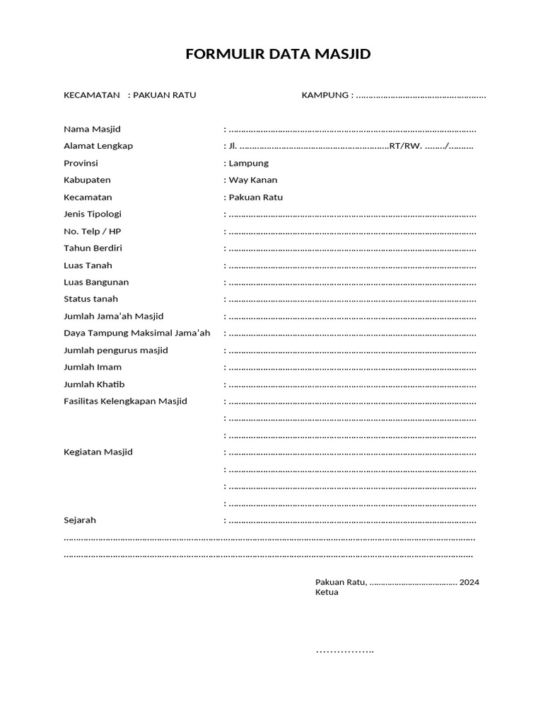 FORMULIR DATA MASJID dan Mushola | PDF