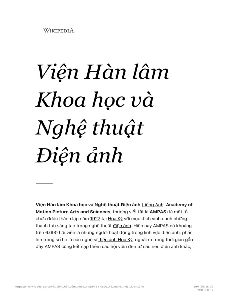 Viện Hàn lâm Khoa học và Nghệ thuật Điện ảnh – Wikipedia tiếng Việt | PDF