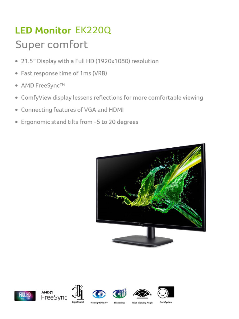 Acer EK220Q Monitor Specifications | PDF | Computer Monitor | Hdmi