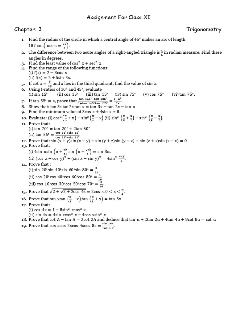 Assignment On Trigonometry, Quadratic Equations | PDF | Trigonometry | Complex Analysis