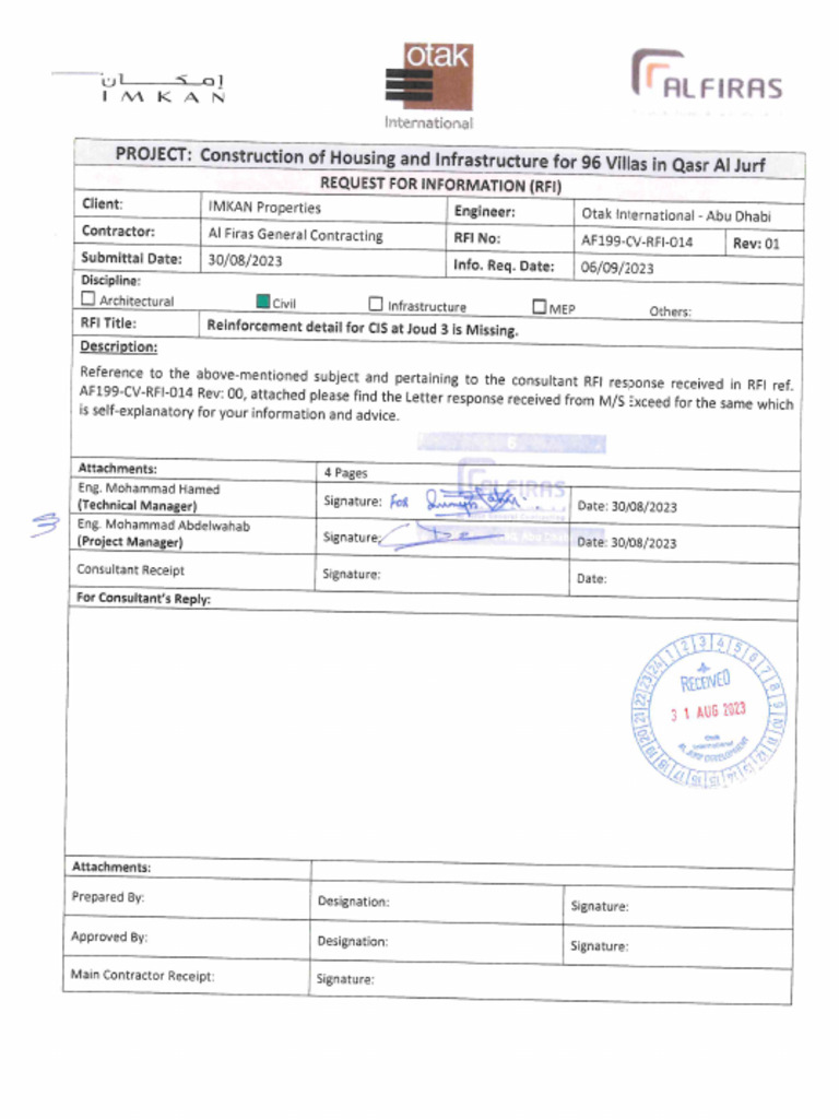 AF199-CV-RFI-014 Rev.01-Reinforcement Detail For CIS Slab at Joud 3 Missing | PDF