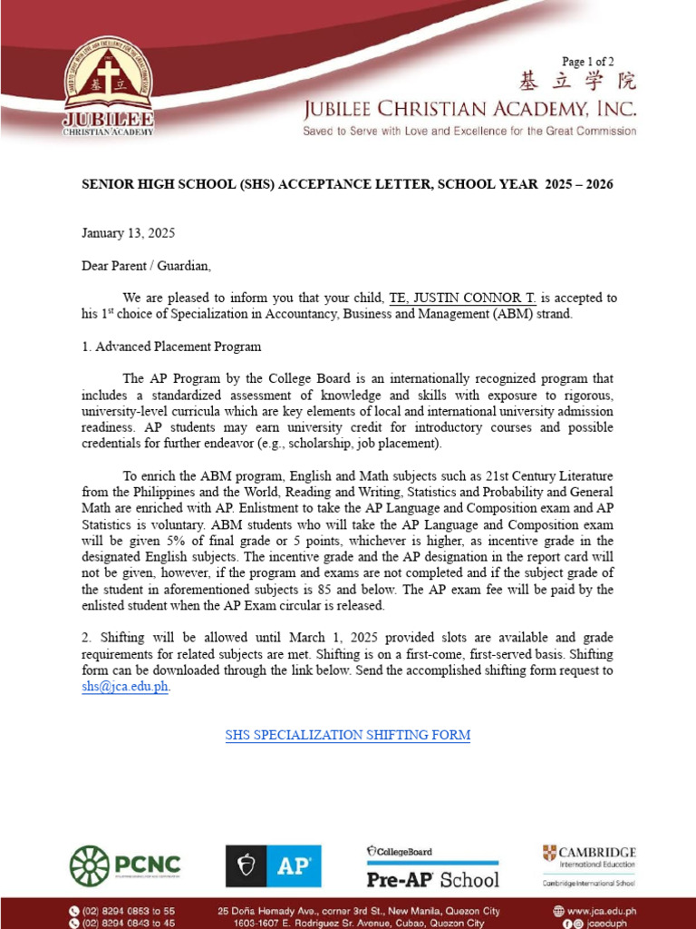 Sy 2025 - 2026 Acceptance Letter - Abm - Te, Justin Connor T. | PDF ...