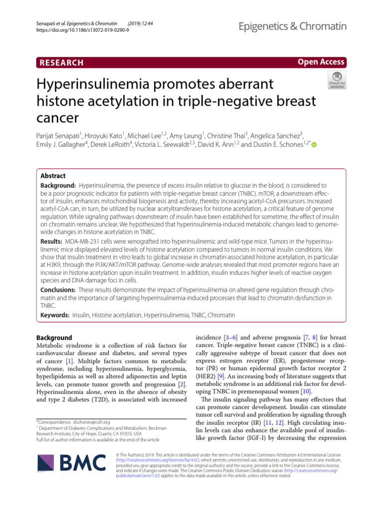 Hyperinsulinemia Promotes Aberrant Histone Acetylation in Triple ...