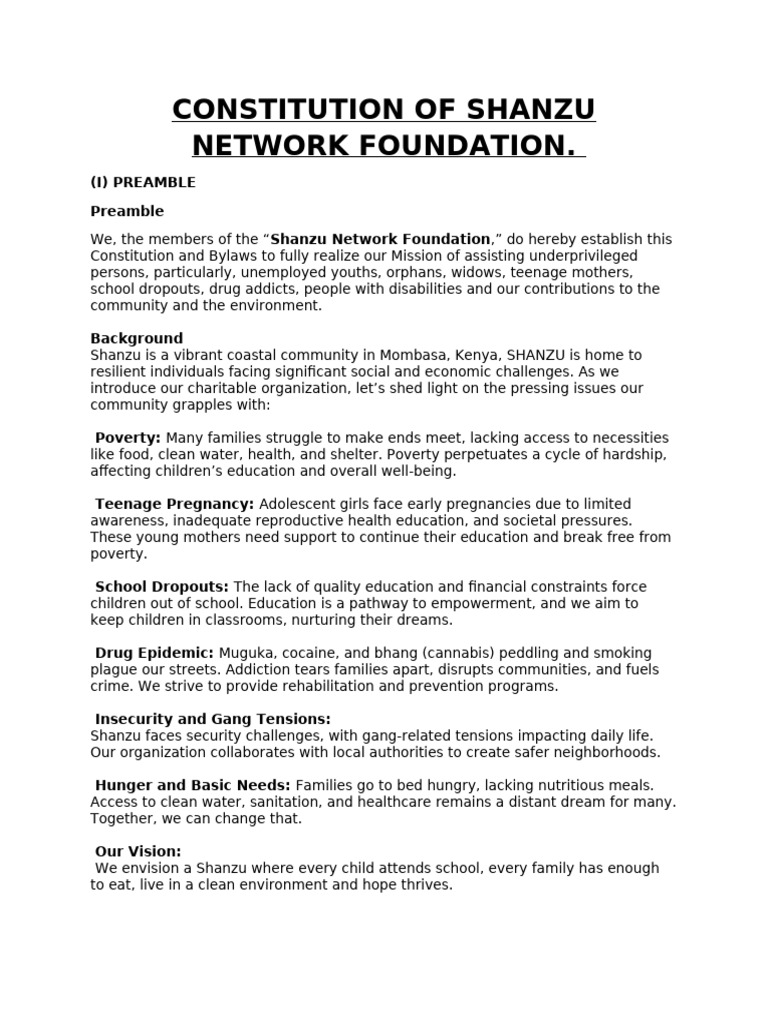 Shanzu Network Foundation Constitution | PDF | Indemnity | Board Of ...
