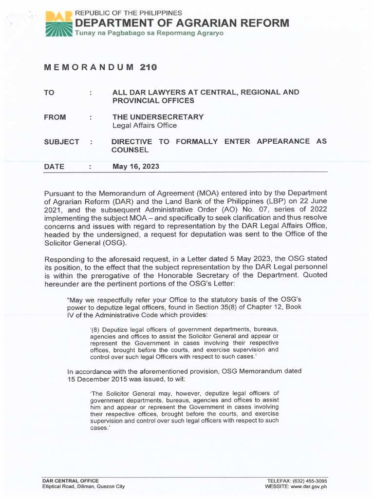 Memo 210 s2023 Directive To Formally Enter Appearance As Counsel | PDF