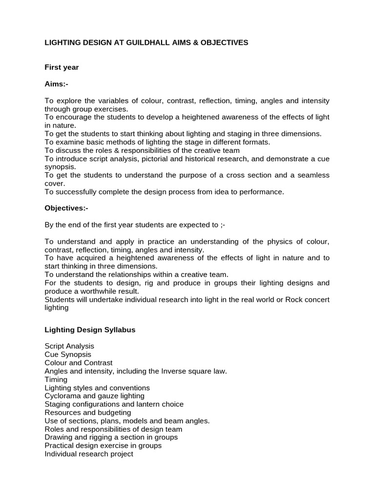 1lighting Design Syllabus Aims and Objectives | PDF | Cognition