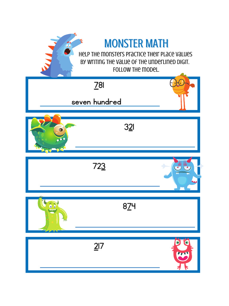 Blue Monster Math Place Value Practice Worksheet | PDF