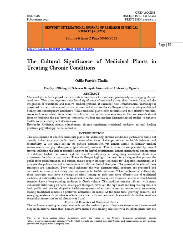 The Cultural Significance of Medicinal Plants in Treating Chronic ...