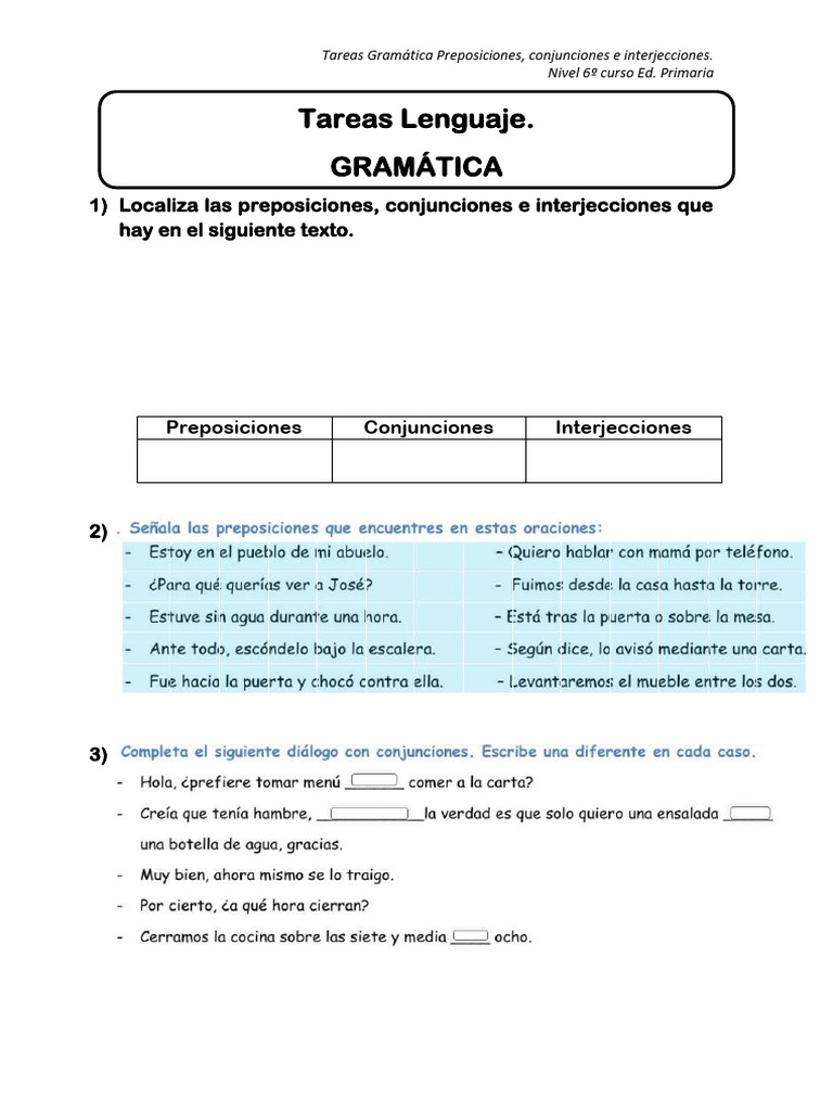 Tareas Gramática Preposiciones, Conjunciones e Interjecciones | PDF