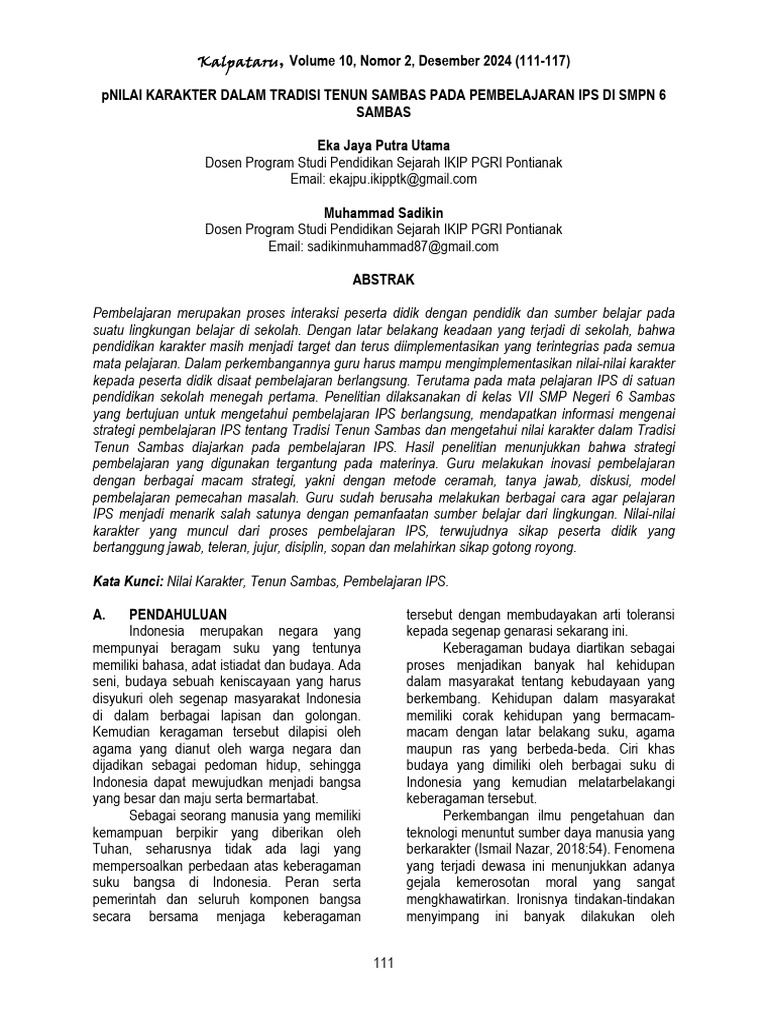 Volume 10, Nomor 2, Desember 2024 (111-117) Pnilai Karakter Dalam Tradisi Tenun Sambas Pada ...
