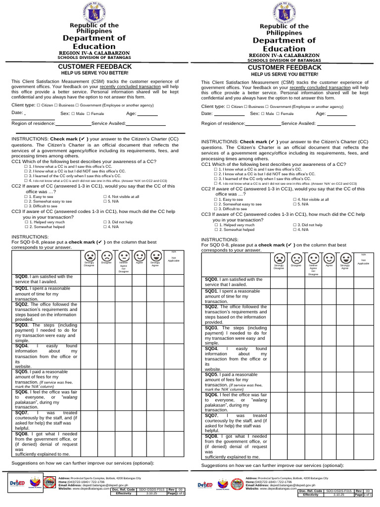 SDO-OSDS-F015 Client Satisfaction Measurement (CSM) Form | PDF ...