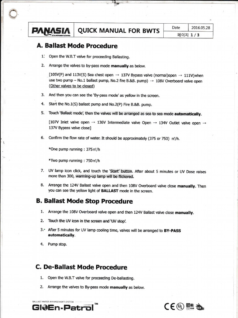 BWMS Quick Manual - 20190228 - 0001 | PDF | Valve | Pump
