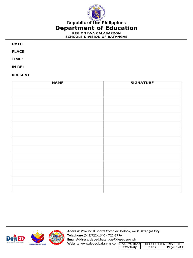SDO-OSDS-F096 Attendance Sheet | PDF