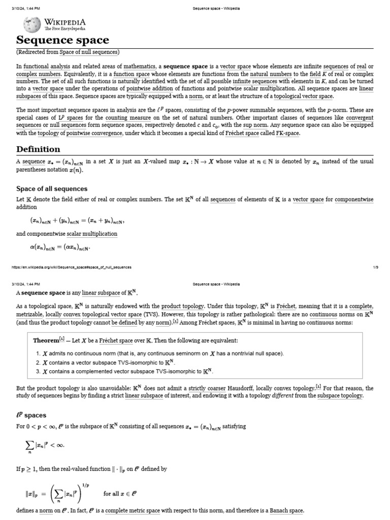 Sequence Space - Wikipedia | PDF | Sequence | Space (Mathematics)