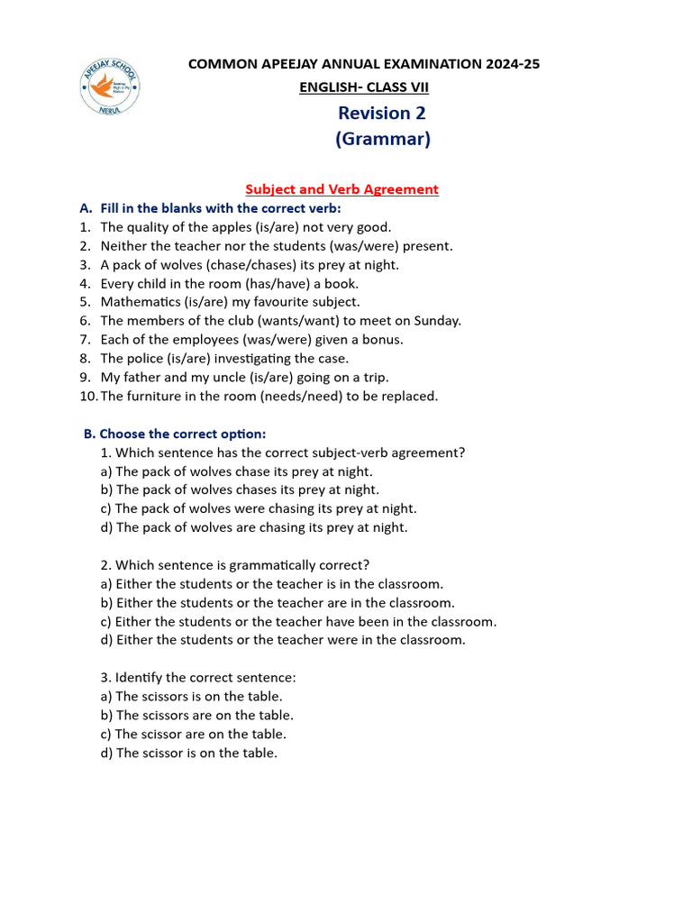 Class VII - Rev 2 - Grammar | PDF | Verb | Subject (Grammar)