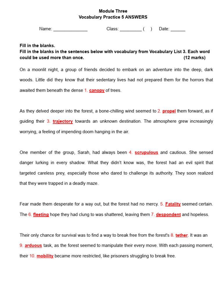 Module Three - Vocabulary Practice 5 ANSWERS | PDF
