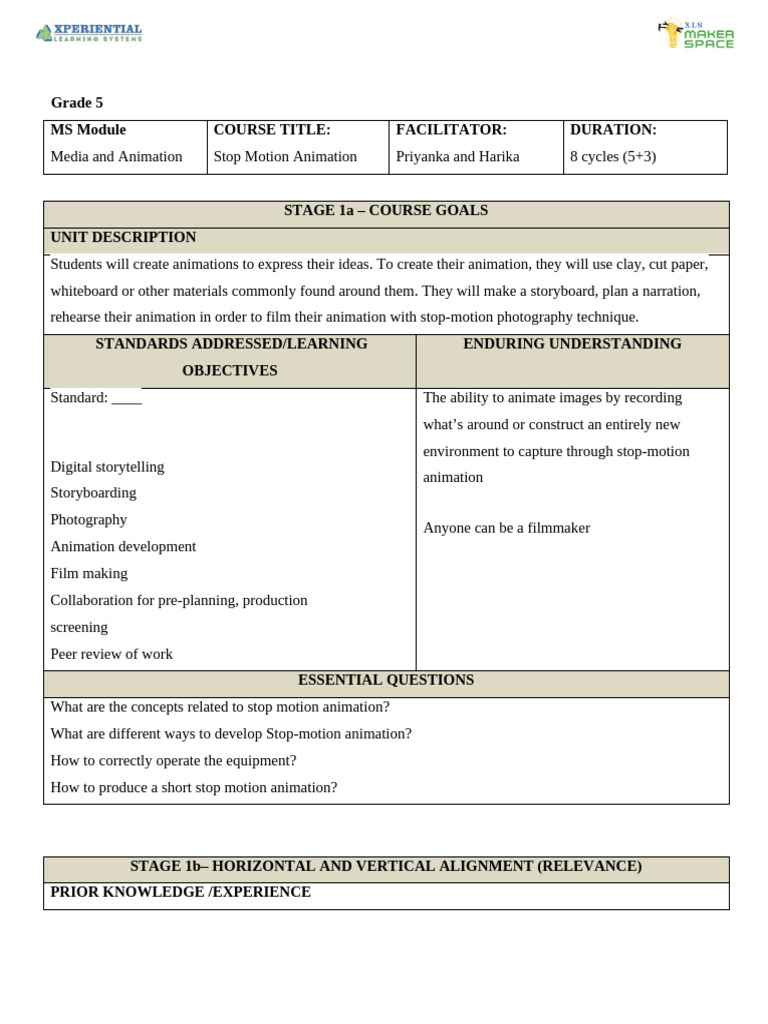 Stop Motion Animation Lesson Plan | PDF | Animation | Learning
