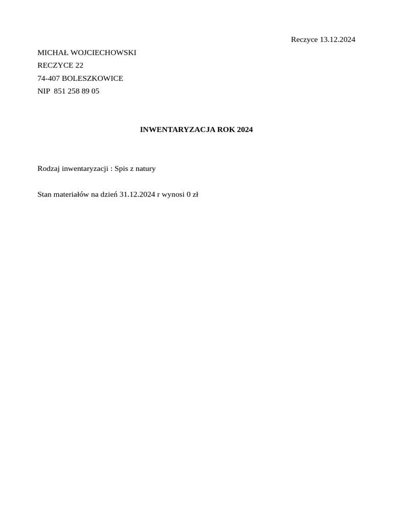 Oświadczenie Remanent Zerowy | PDF