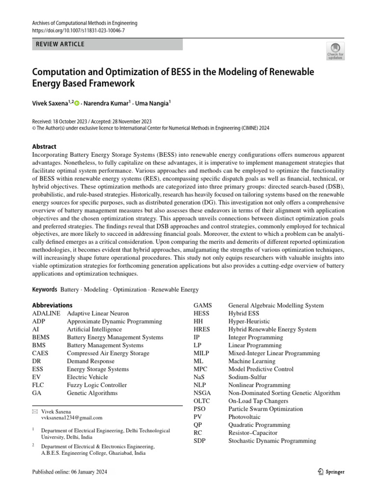 Computation and Optimization of BESS in The Modeling of Renewable Energy Based Framework | PDF ...