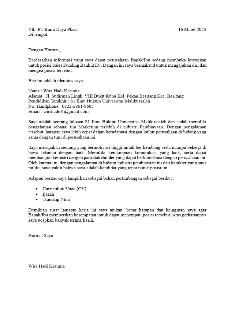 Surat Lamaran Bank BTN | PDF