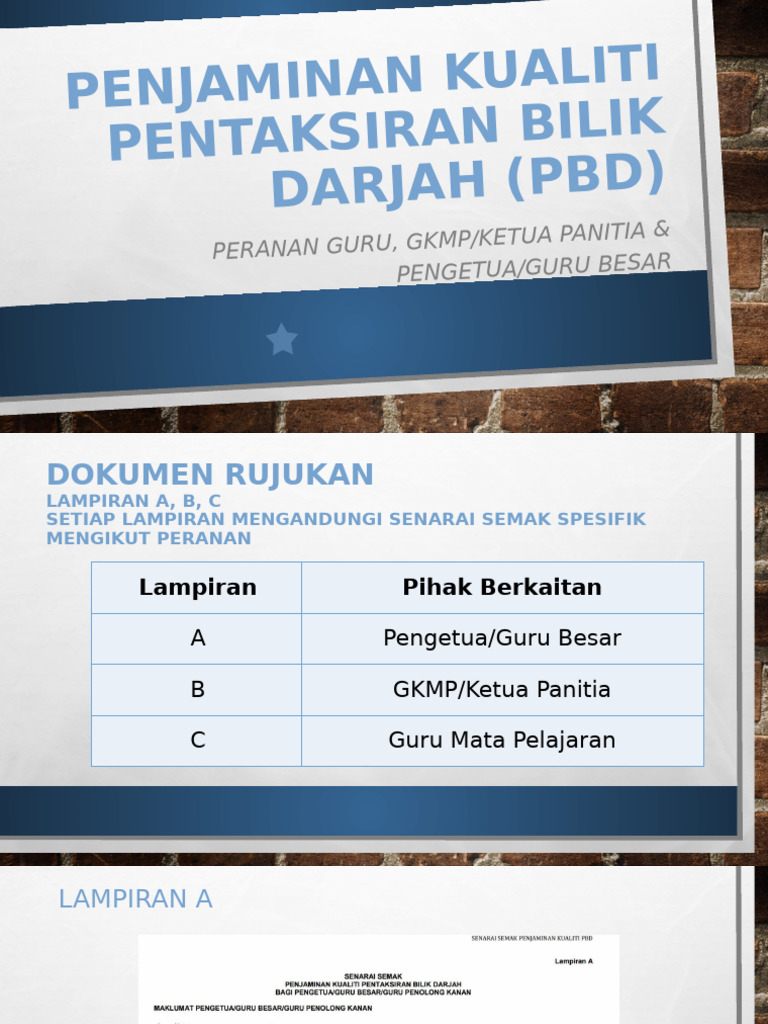 PENJAMINAN KUALITI PENTAKSIRAN BILIK DARJAH (PBD) | PDF