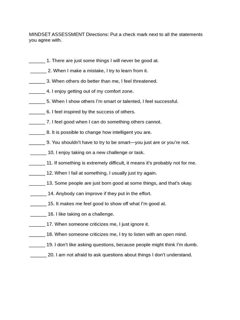 MINDSET ASSESSMENT Directions | PDF