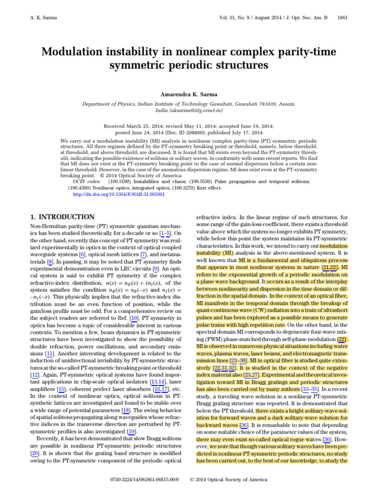 K3 Coupled Modulation Instability in Nonlinear Comp | PDF | Soliton ...