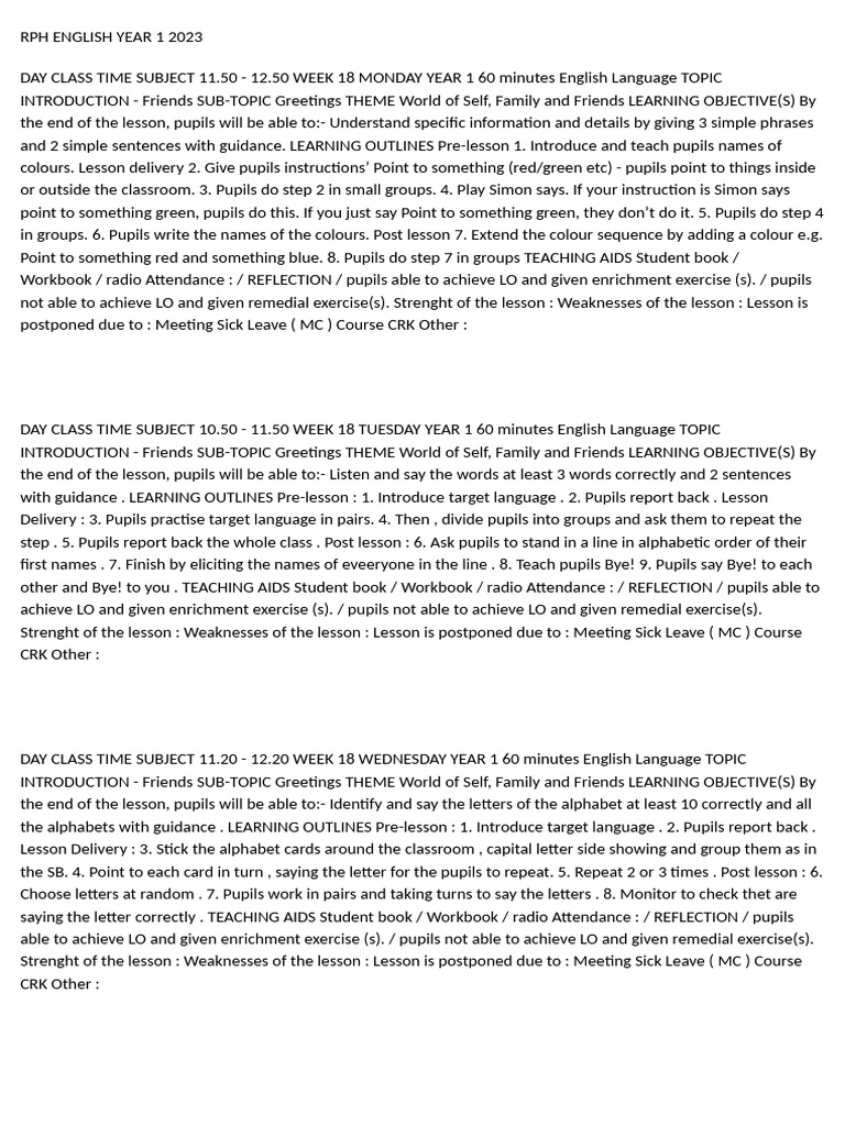 RPH English Year 1 2023 | PDF | Teachers | English Language