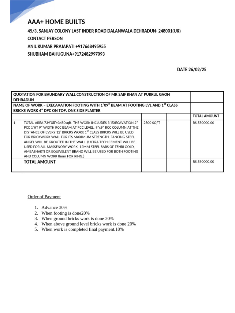 2 Purkul Gaon Boundary Wall Quotation | PDF
