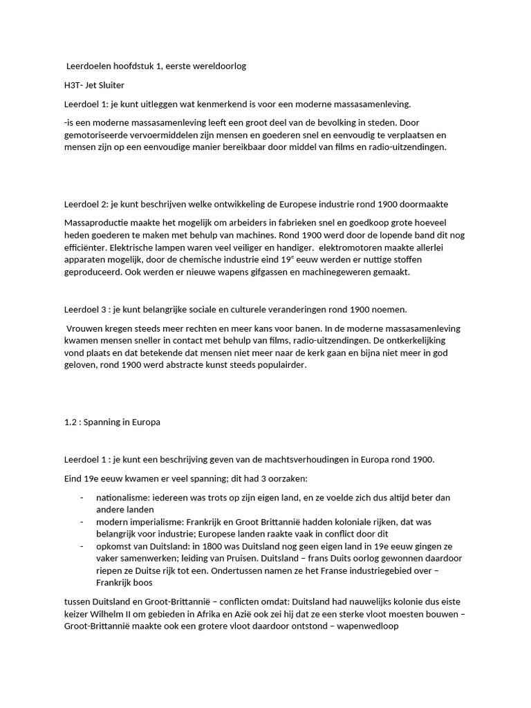 Leerdoelen Hoofdstuk 1, Eerste Wereld Oorlog | PDF
