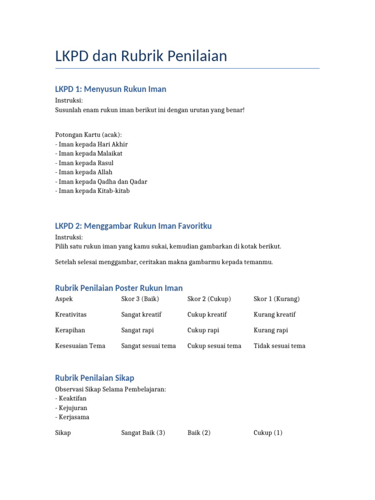 LKPD Dan Rubrik Penilaian Rukun Iman | PDF