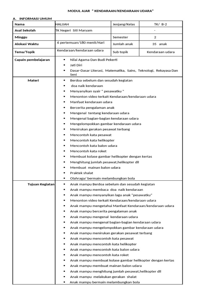 Modul Ajar Kendaraan Udara TK B-2 | PDF