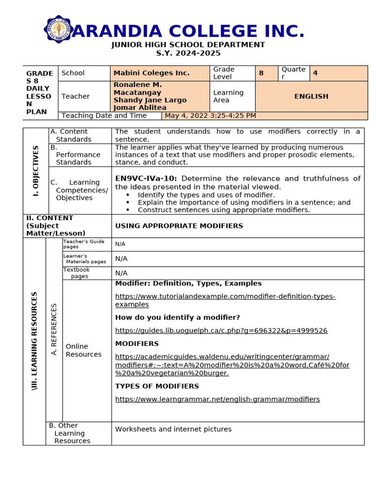 Grade 8 English Lesson Plan: Modifiers | PDF | Adverb | Adjective