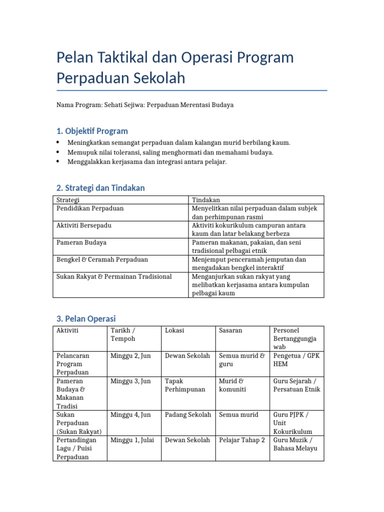 Pelan Taktikal Operasi Perpaduan Sekolah | PDF