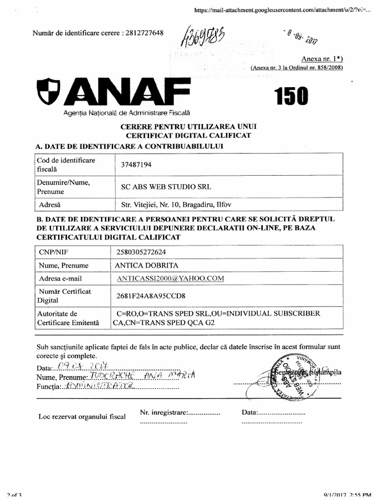 Cerere ANAF Certificat Digital | PDF